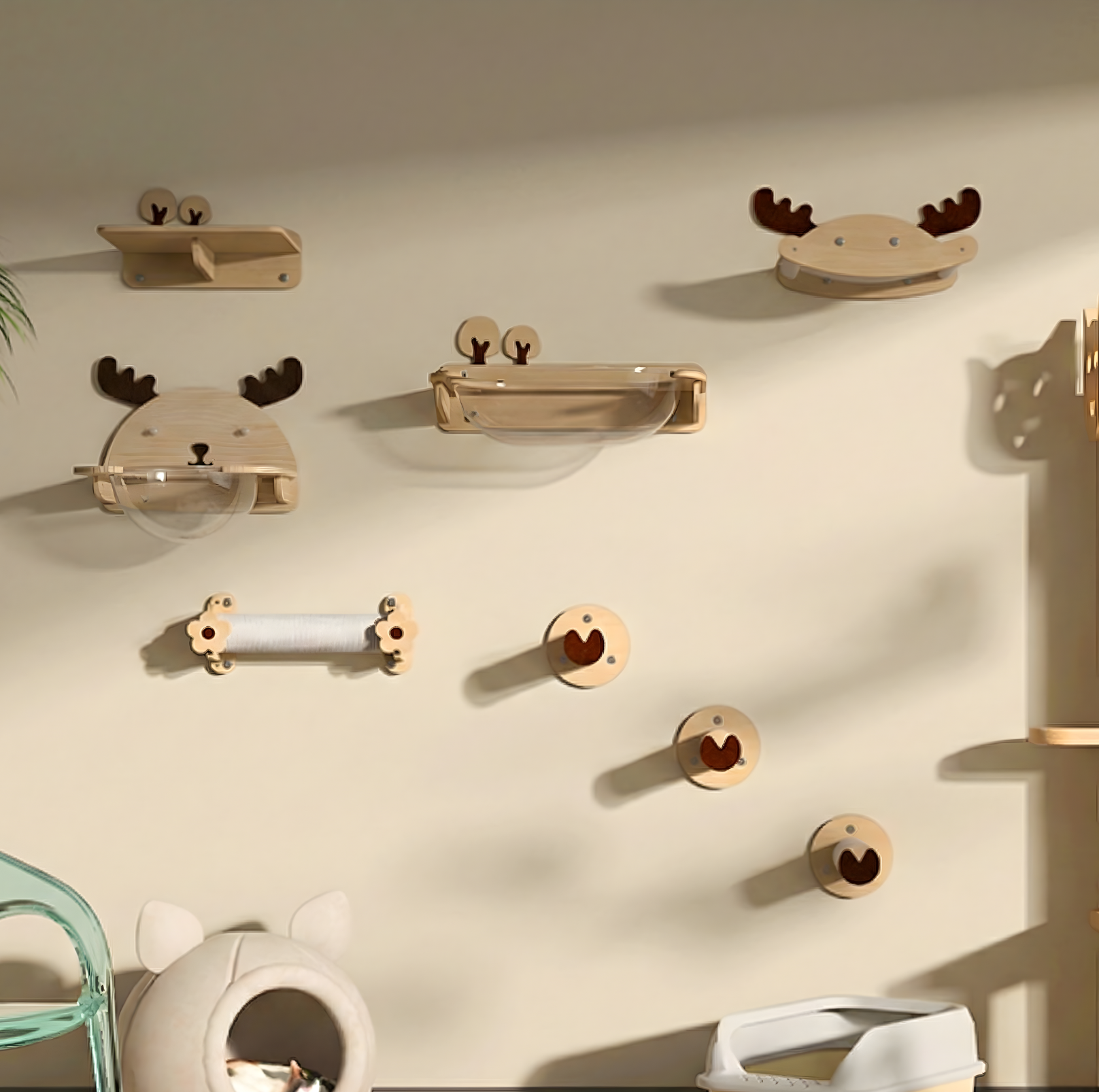 Elk-Themed Wall & Window Cat Playground Set (Screws & Suction Cups Inc ...