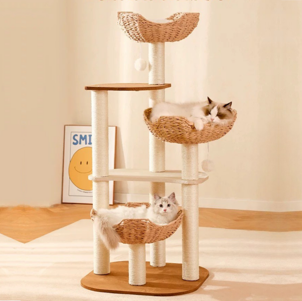 Woven Rattan Multi-Level Cat Tree (K903) – 6 Tiers with Full Sisal Pos – PawPawUp